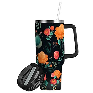 Bokkoy Llama with Floral Decor Pattern 40 oz/30 oz Tumbler with Handle and Straw Stainless Steel Tumbler with Lid Reusable Vacuum Insulated Cup