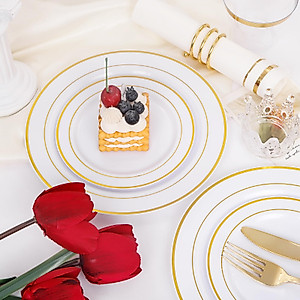 GATHER 350pcs Gold Plastic Plates - Disposable Plastic Dinnerware Set Include 50 Gold Dinner Plates, 50 Gold Salad Plates, 150 Silverware, 50 Napkins, 50 Cups Perfect for Party & Wedding