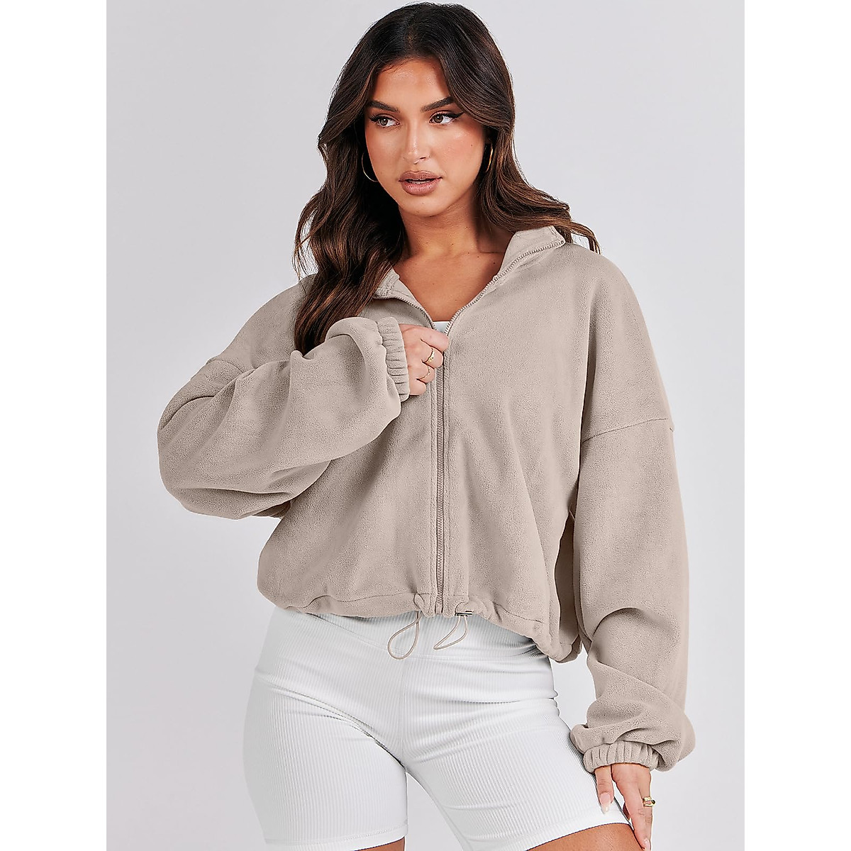 ANRABESS Women's Sweatshirts Full Zip Up Bomber Jacket Oversized Fleece Crop Sherpa Coat Long Sleeve High Neck Teddy Winter Pullover Active Sport Tops Outwear 1097 M, Khaki