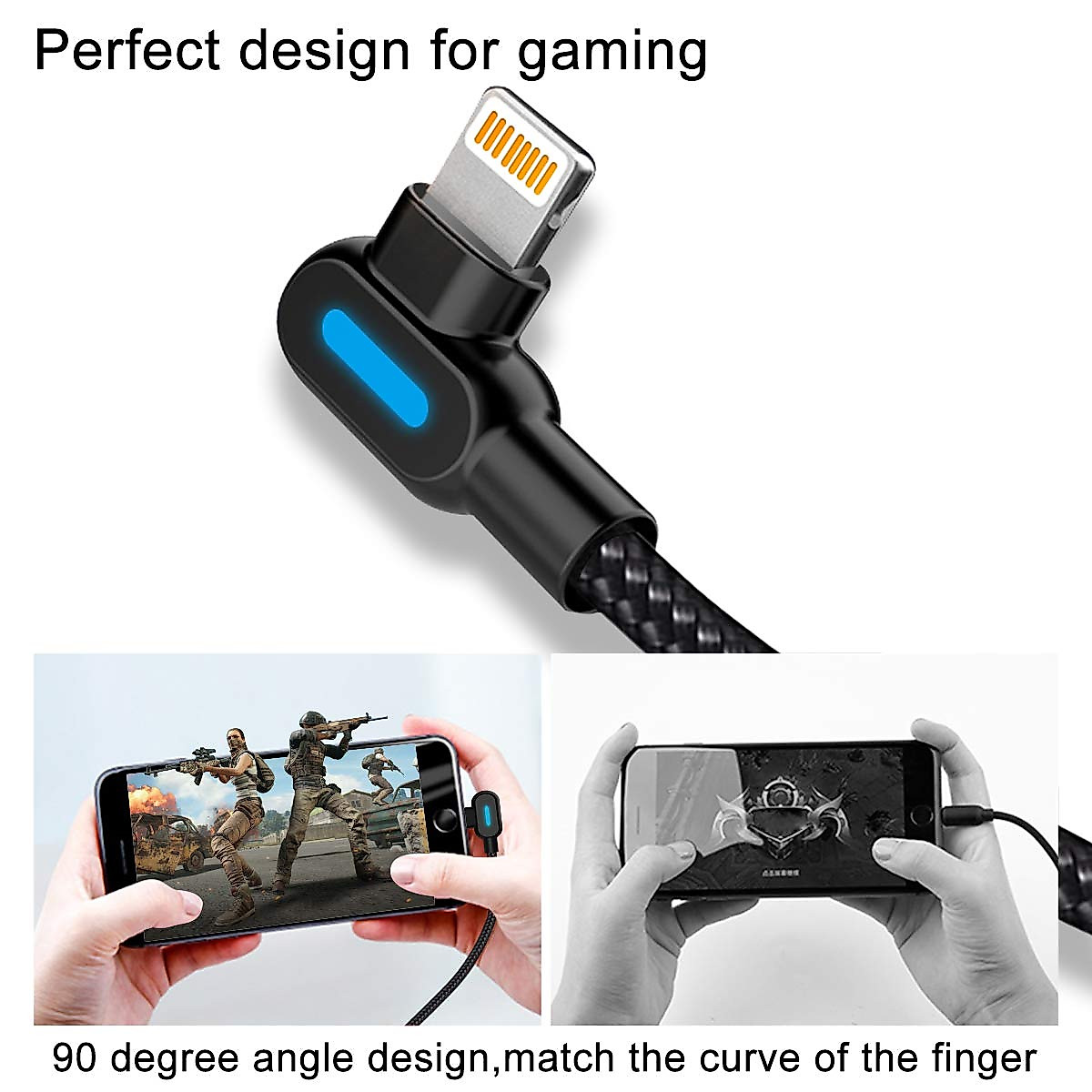 LED iPhone Charger Cable 10 FT 3Pack Right Angle Lightning Cable 90 Degree Nylon Braided Charging Cord Gaming USB Charging/Sync Compatible with iPhone 13 12 11 Pro XS MAX XR X 8 7 6S Plus SE iPad