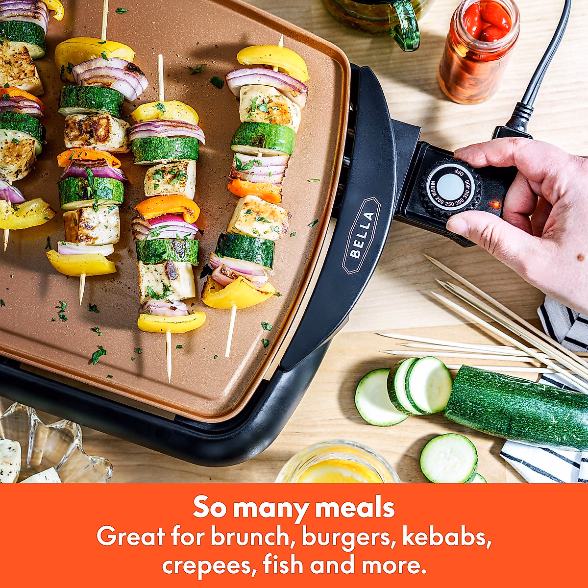 BELLA Electric Ceramic Titanium Griddle, Make 10 Eggs At Once, Healthy-Eco Non-stick Coating, Hassle-Free Clean Up, Large Submersible Cooking Surface, 10.5" x 20", Copper/Black