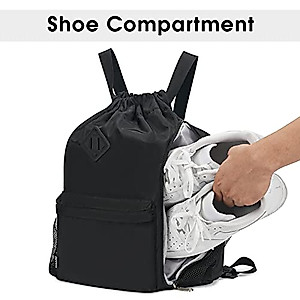 WANDF Drawstring Backpack Sports Gym Bag with Shoes Compartment, Water-Resistant String Backpack Cinch for Women Men (Large,Black)