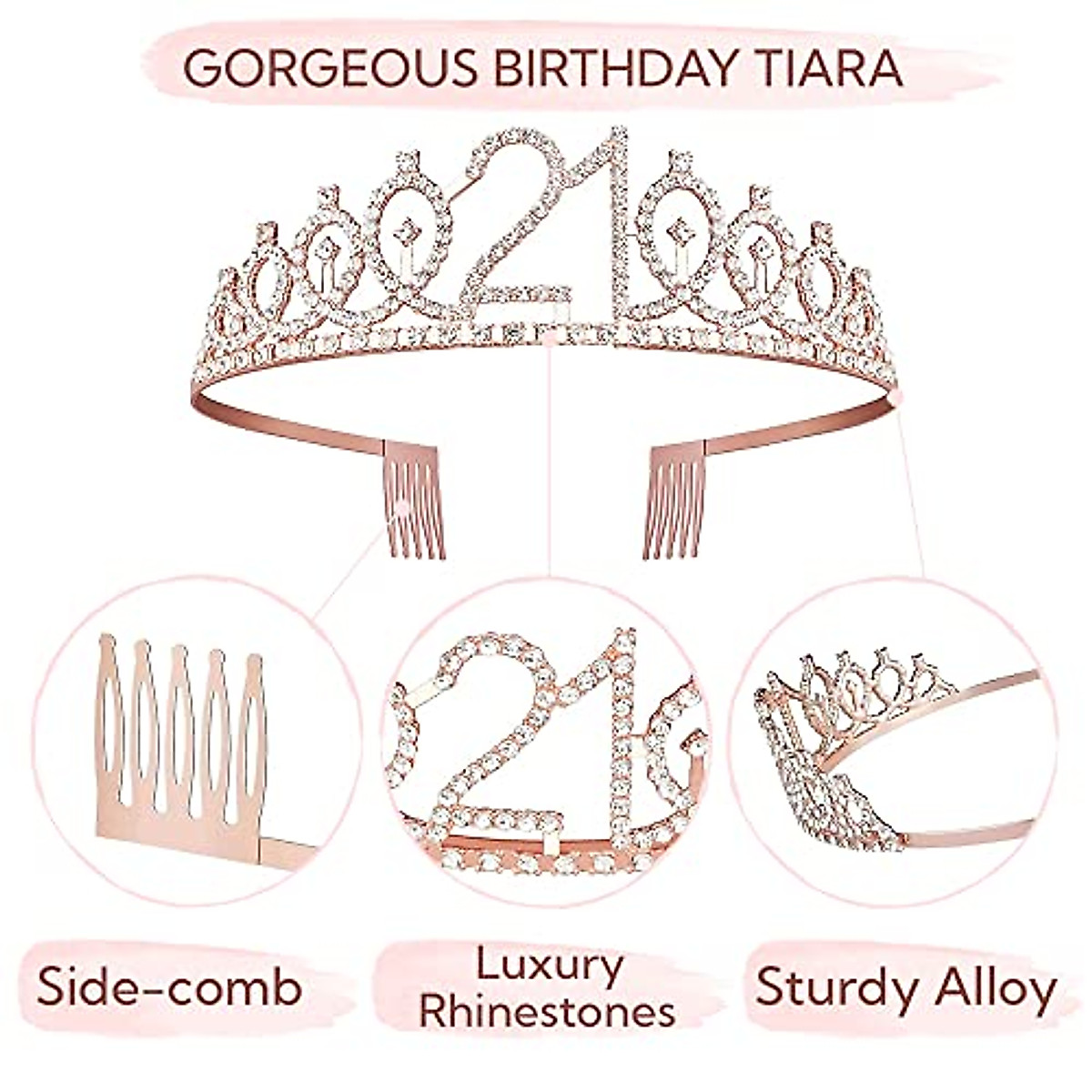 Bella Meri 21st Birthday Gifts for Women, 21st Birthday Tiara Crown, Sash, Cake Toppers,Birthday Candles, 21 Birthday Decorations Women