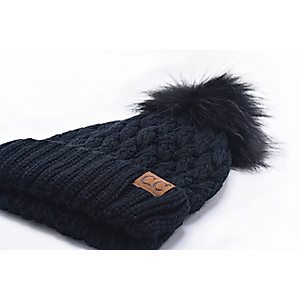 C.C Women’s Winter Cable Sherpa Fleece Lined Ribbed Beanie Lattice Braided Knit Crossover Stitch Faux Fur Pom Soft Warm Hat
