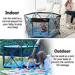 Abon Portable 6 Panel Play Pen Playard for Infants and Babies Indoor and Outdoor, Lightweight Mesh Toddler Hexagon Fence Play Area Washable,Foldable 53" Wx 30" H(Blue)…