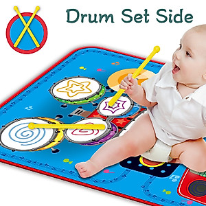 PRAGYM Baby Toys for 1 Year Old Boys & Girls, 2 in 1 Musical Toys, Toddler Piano & Drum Mat with 2 Sticks, Learning Floor Blanket, Birthday Gifts for 1 2 3 Year Old Boys & Girls