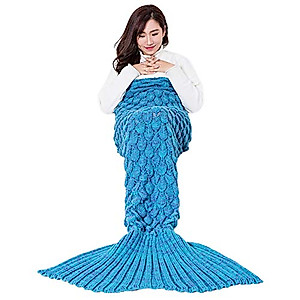 Elonglin Mermaid Tail Blanket for Kids Teens Adults, Handmade Knitted Crochet Gorgeous & Cosy Blanket, Sleeping Bag, Warmer Wearable-Blankets (Lake Blue 90 * 55cm,200g)