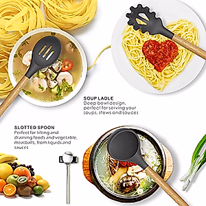 14 Pcs Silicone Cooking Utensils Kitchen Utensil Set - 446°F Heat Resistant,Turner Tongs, Spatula, Spoon, Brush, Whisk, Wooden Handle Gray Kitchen Gadgets with Holder for Nonstick Cookware (BPA Free)