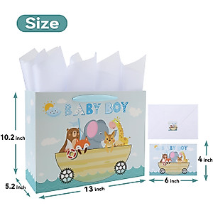 13" Large Baby Blue Gift Bag Set with Greeting Card and Tissue Paper (Animals and ‘Baby Boy’) for Baby Boy, Baby Shower, Boys' Birthday Party - 13”x5.2”x10.2”, 1 Pcs.