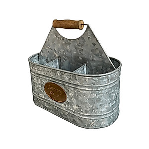 KOTINARA Galvanized Flatware Caddy - Strong Wooden Handle, Rust-Resistant, Indoor & Outdoor Use - A Farmhouse, Rustic, Country Style Organizer for Utensils, Flatware, Tools and more