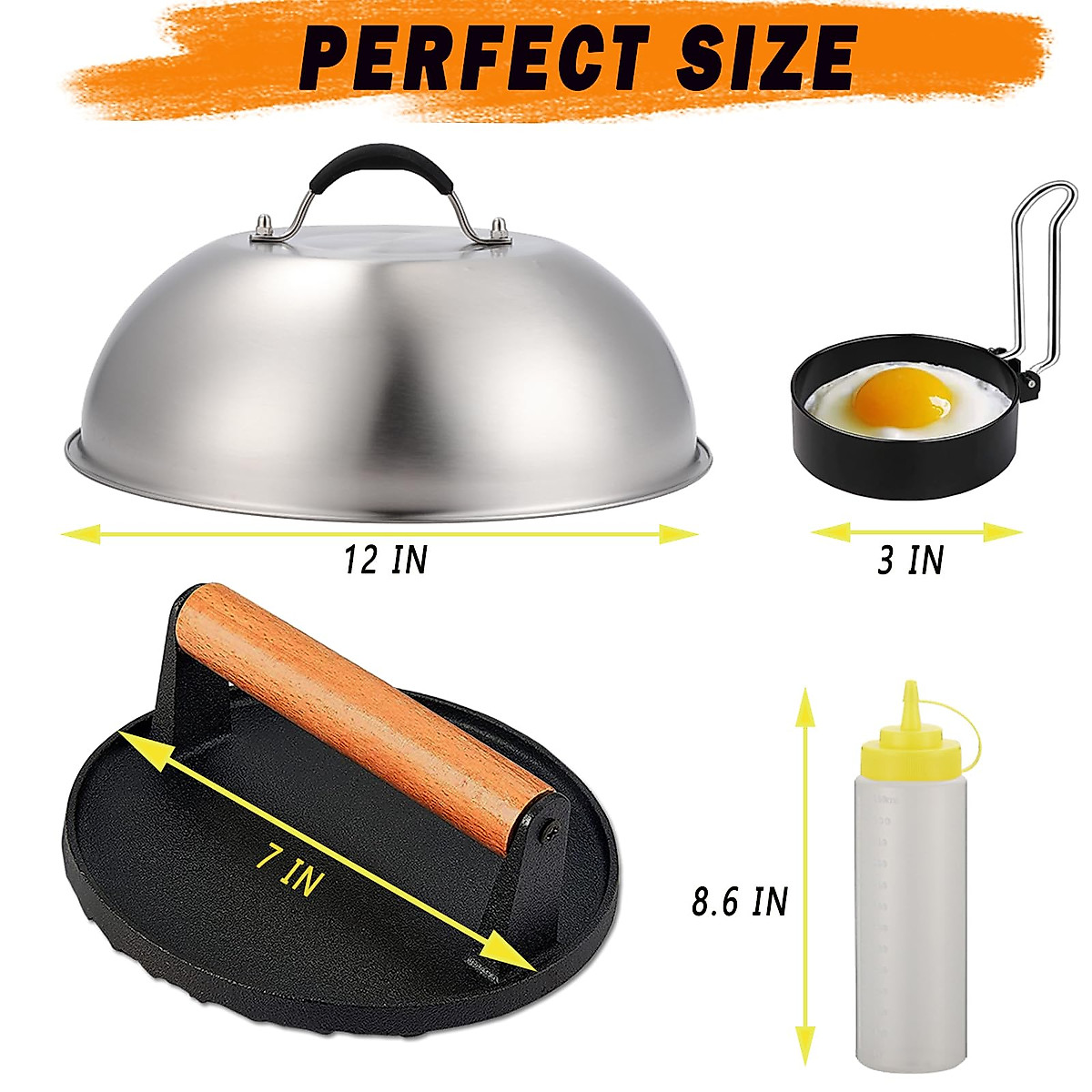 Griddle Accessories Kit for Blackstone, Cast Iron Grill Press, 12-Inch Round Melting Dome(304 Stainless Steel), Squeeze Bottles with Egg Rings, Perfect for Flat Top Grill Indoor Outdoor
