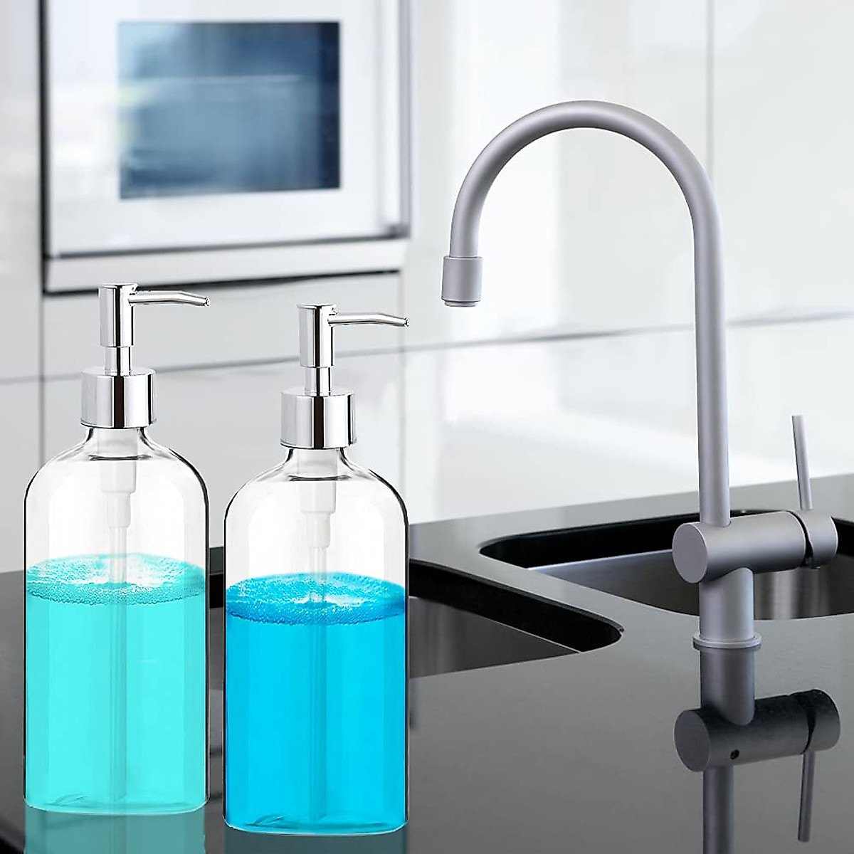 Clear Soap Dispenser with Rust Proof Pump, Waterproof Labels (2 Pack,16 Oz), Soap Dispenser Bathroom, Plastic Hand Soap Dispenser Dish Soap Dispenser for Kitchen, Premium Thick Soap Pump Bottles