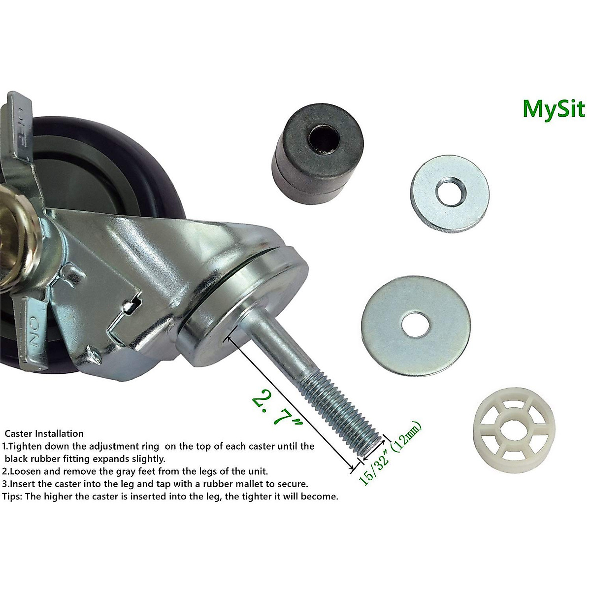 MySit 4 inch Work Table Caster Wheels for Commercial Kitchen Prep Tables, Expanding Stem Casters Set of 4 with Locking Brakes Fit Both 1-1/2" and 1-5/8" Leg Tube Adapter for Stainless Steel Worktable