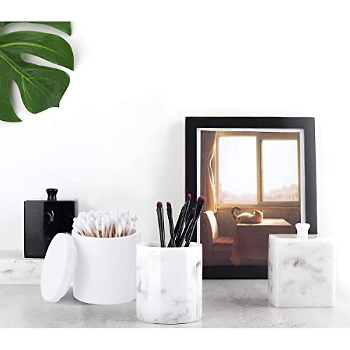 Rzoeox Cotton Swab Holder with Lid, Qtip Holder Bathroom, Resin Cotton Ball Canister Jar Cosmetics Makeup Countertop Organizer Containers Canister Apothecary Jar, White