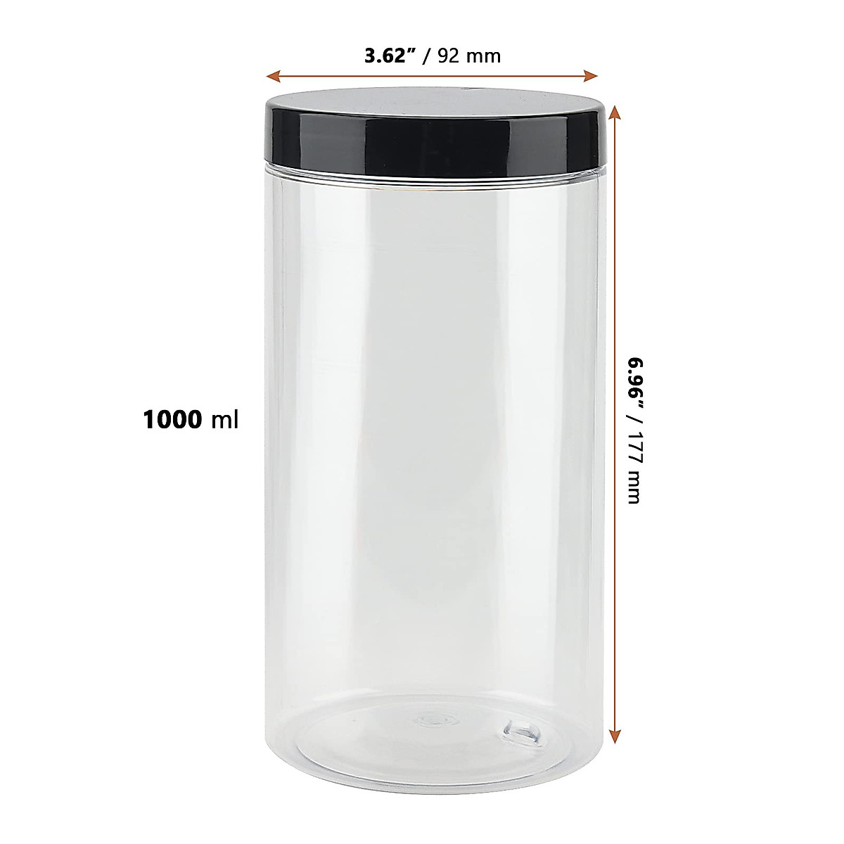 LEXININ 12 PCS 32oz Empty Round Plastic Jars, 1L Clear Plastic Jars with Black Lids, 1000ml Plastic Round Spice Jars for Kitchen Home