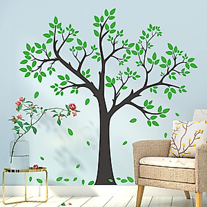 Buiory Giant Tree Wall Decal Removable Falling Green Leaves Wall Sticker DIY Peel and Stick Art Decor Black Tree Wall Sticker for Baby Kids Girls Bedroom Classroom Nursery Walls Background Decorations