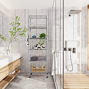 Homdox 6-Tier Storage Shelf Wire Shelving Unit Free Standing Rack Organization with Caster Wheels, Stainless Side Hooks, Silver Gray