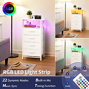 Yoobure Night Stand - LED White Nightstand with Charging Station, Bedside Table with 4 Storage Drawers and Storage Shelf, End Table with USB Ports and Outlets, Tall Dresser for Bedroom