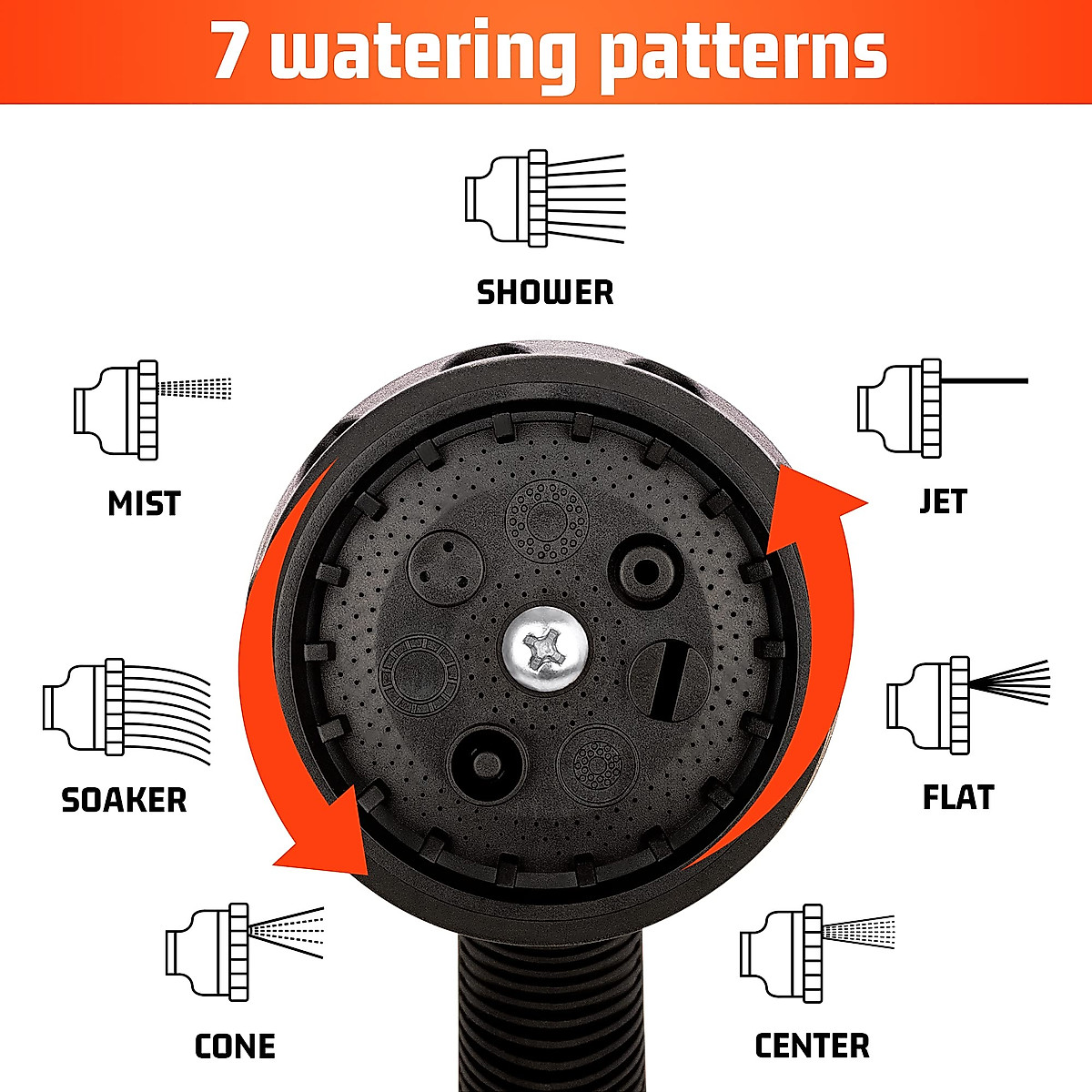 NEXCOVER Garden Hose Nozzle Sprayer - 7 Adjustable Watering Patterns Nozzle for Water Hose, Non-Slip Garden Spray Nozzle for Car Washing, Watering Plants, Pets Showering, Lawns Cleaning, Orange