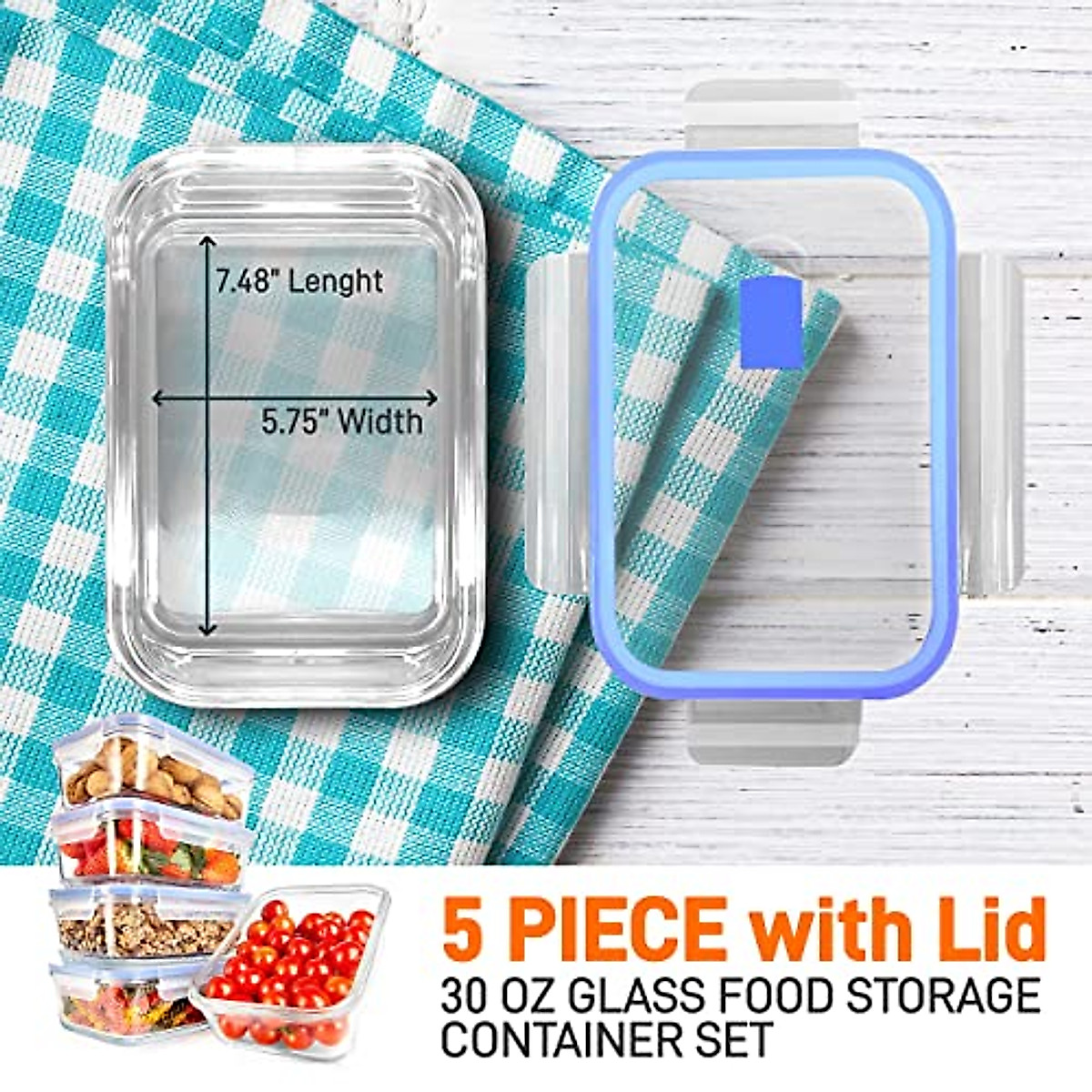 NutriChef 10-Piece Glass Food Containers - Stackable Superior Glass Meal-prep Storage Containers, Newly Innovated Leakproof Locking Lids w/Air Hole, Freezer-to-Oven-Safe,Blue