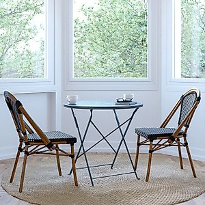 Merrick Lane Sacha Bistro Chair - Black & White Woven PE Seat and Back - Bamboo Finish Aluminum Frame - for Indoor/Outdoor Use - Set of Two