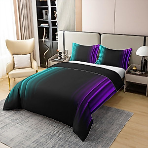 Feelyou Abstract Ombre Bedding 100% Cotton Duvet Cover Set King(No Comforter) Teal and Purple Bedding Set for Kids Boys Girls Decor Stripes Comforter Cover Set Geometric Bedroom Modern Striped Art