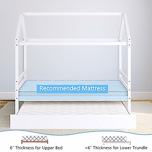KOMFOTT Twin House Bed with Trundle, Solid Wood Playhouse Platform Bed Frame, Kids Daybed with Roof for Girls & Boys, No Box Spring Needed, Noise-Free Design, Easy Assembly, White