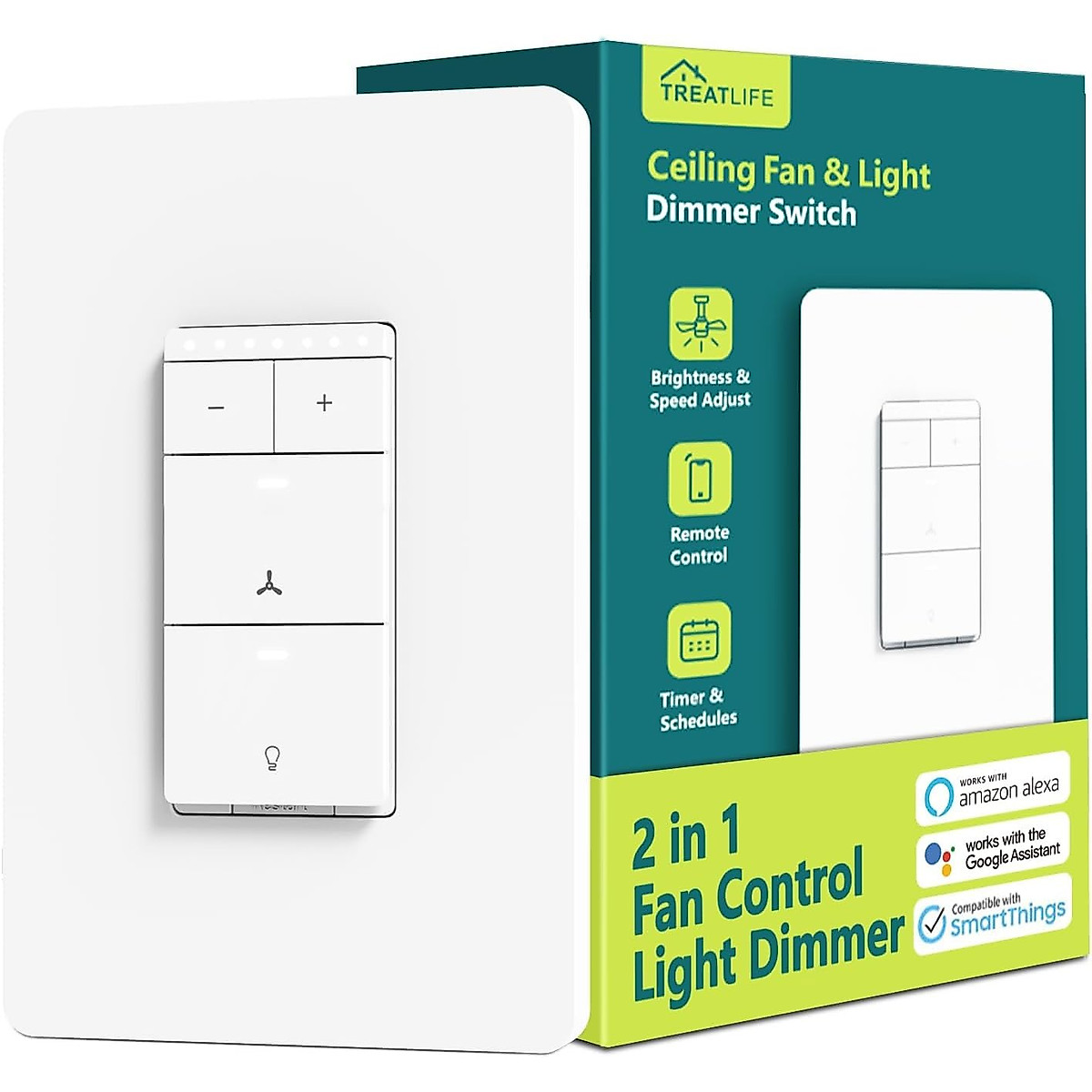 TREATLIFE Smart Ceiling Fan Control and Dimmer Light Switch, Neutral Wire Needed, 2.4Ghz Single Pole Wi-Fi Fan and Light Switch Combo, Works with Alexa, Google Home and SmartThings, Remote Control