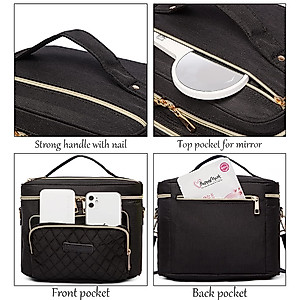 Travel Makeup Bag for Women, Scorila Large Cosmetic Case Organizer Fits Bottles Vertically, Toiletry Bag with Adjustable Dividers and Brush Holder, Portable Storage Bag with Strap for Girls, Black