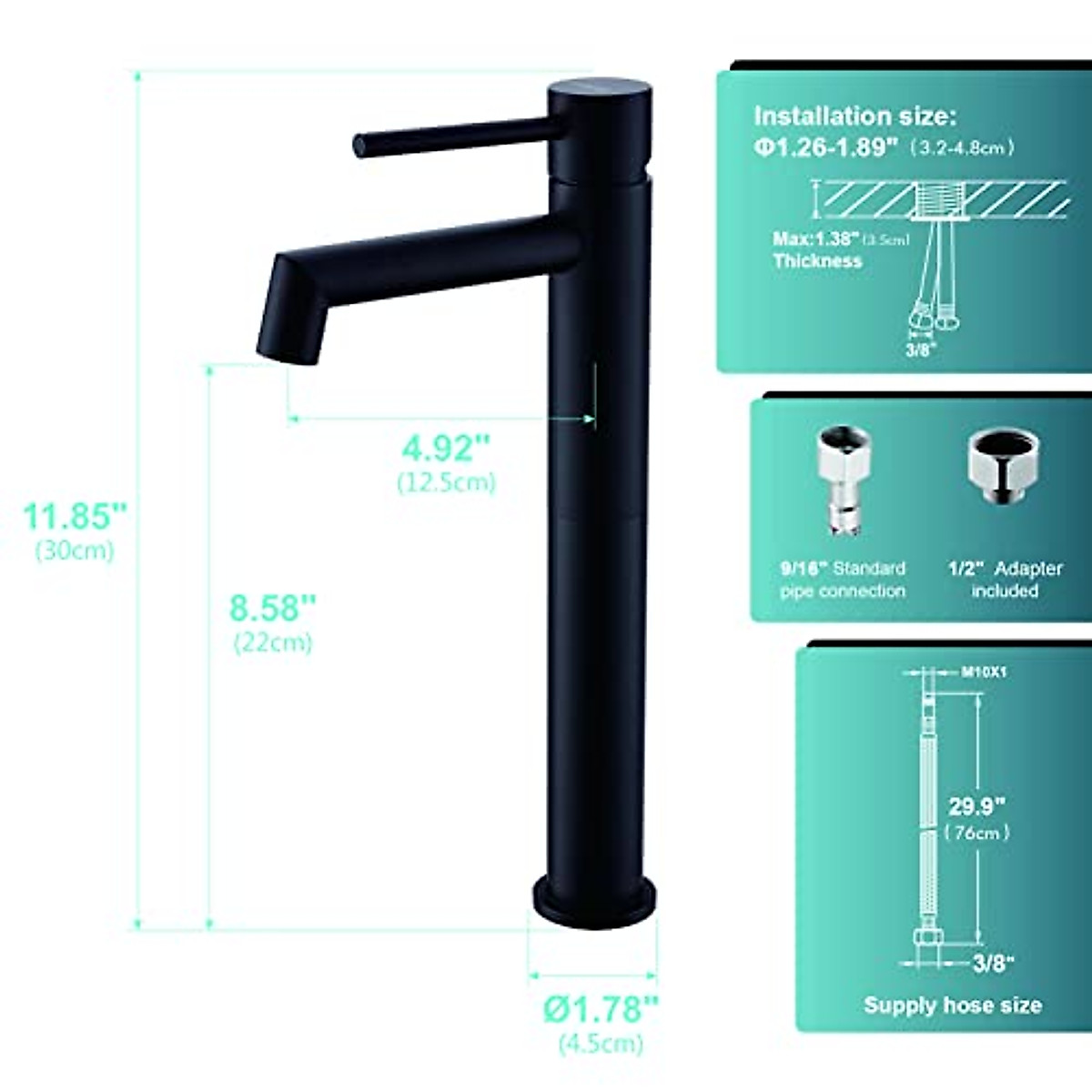 DICOYA Matte Black Vessel Sink Faucet, Single Handle Tall Basin Faucet for Sink Above Counter, Modern Countertop Bathroom Design, 304 Stainless Steel, One Hole