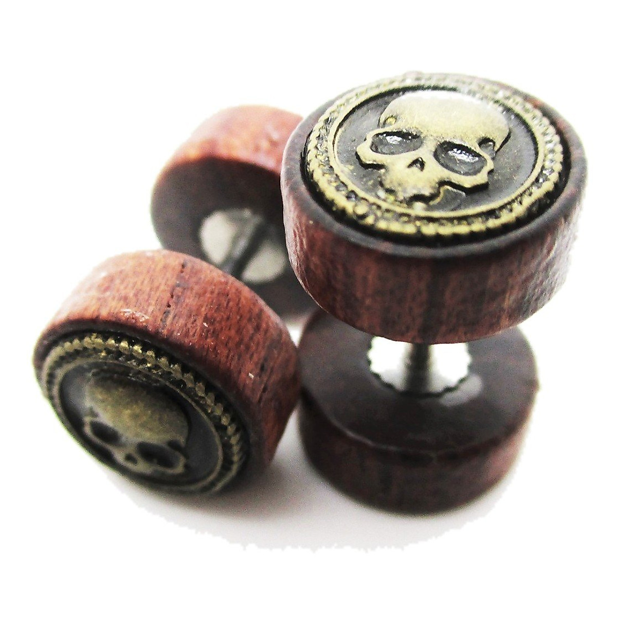Organic Wood w/Metal Skull Emblem Stud Post Earrings - New - Pair!