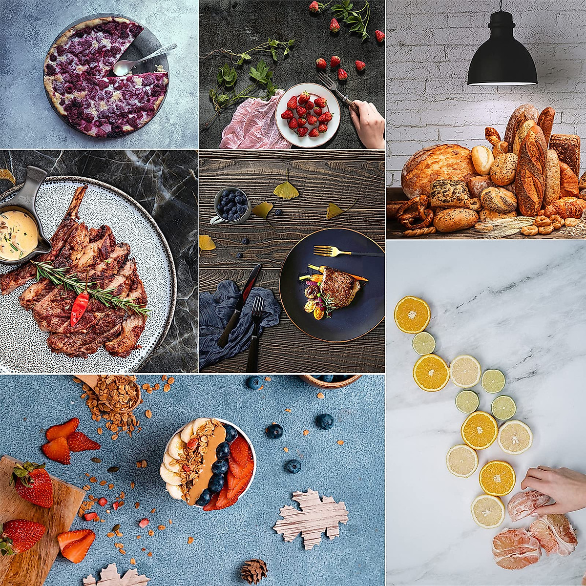 8PCS 16Patterns 34X22 Inch Product Food Photography Background Paper, Double Sided Marble/Wood/Cement Texture Pattern Flat Lay Photo Tabletop Backdrops Boards for Jewelry Cosmetics Makeup Props