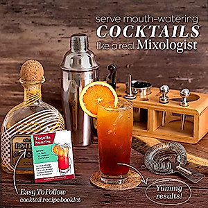 Elite Mixology Bartender Kit Cocktail Shaker Set by barillio: Drink Mixer Set with Bar Tools, Sleek Bamboo Stand, Velvet Carry Bag & Recipes Booklet