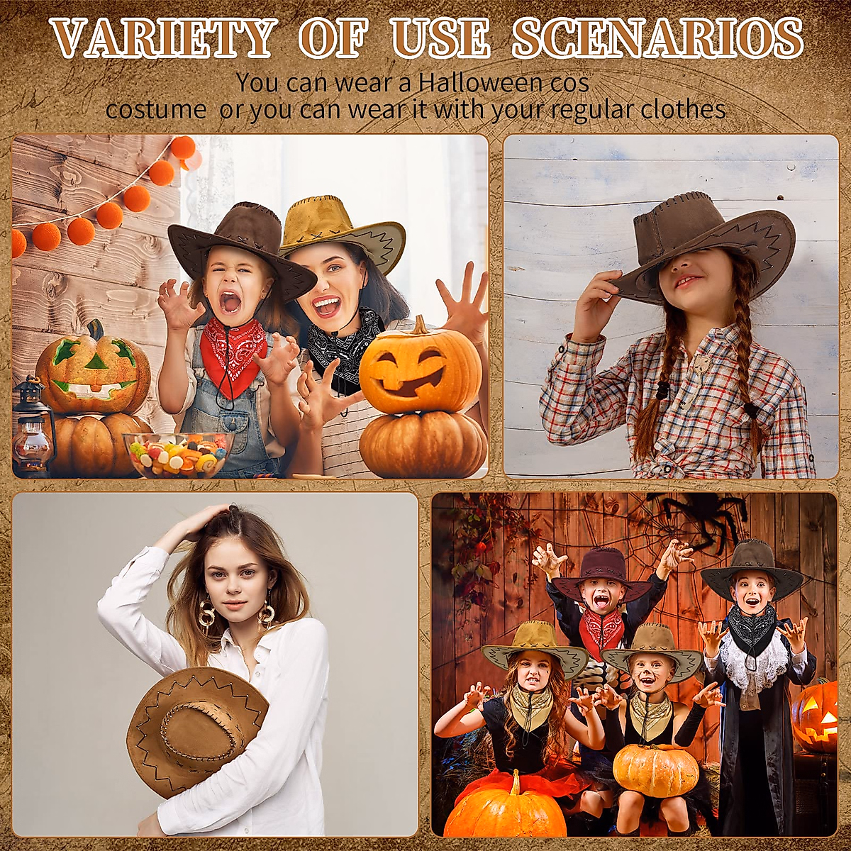 Cindeer 24 Pcs Western Cowboy Hats with Polyester Bandanas Western Cap Suede Leather Hat and Square Bandanas Scarf for Adult(Retro Color)