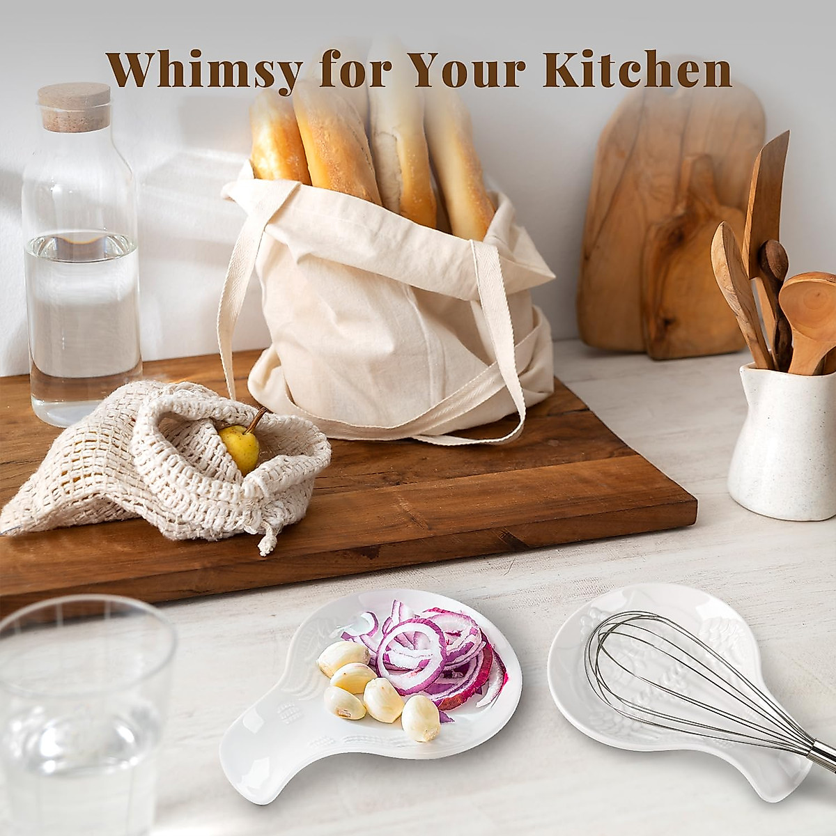 Katathani Ceramic Spoon Rest for Stove Top - Large Vintage Embossed Owl Shape Spoon Holder for Kitchen Counter，White Exquisite Coffee Spoon Rest, 1 Pack