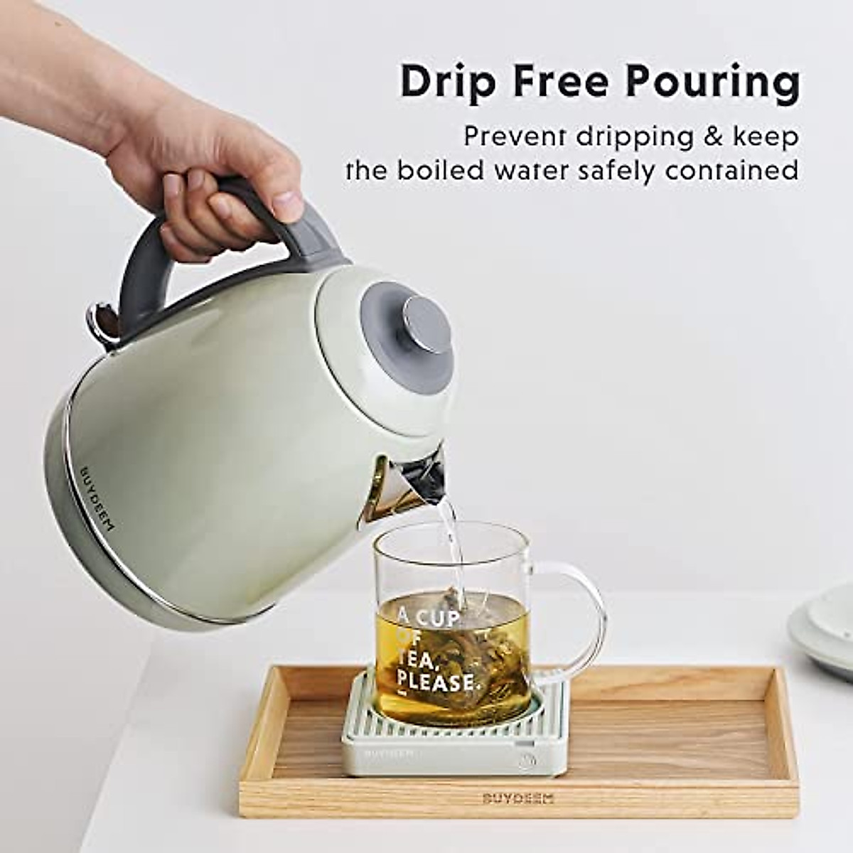 BUYDEEM K640 Stainless Steel Electric Tea Kettle with Auto Shut-Off and Boil Dry Protection, 1.7 Liter Cordless Hot Water Boiler with Swivel Base, 1440W, Cozy Greenish
