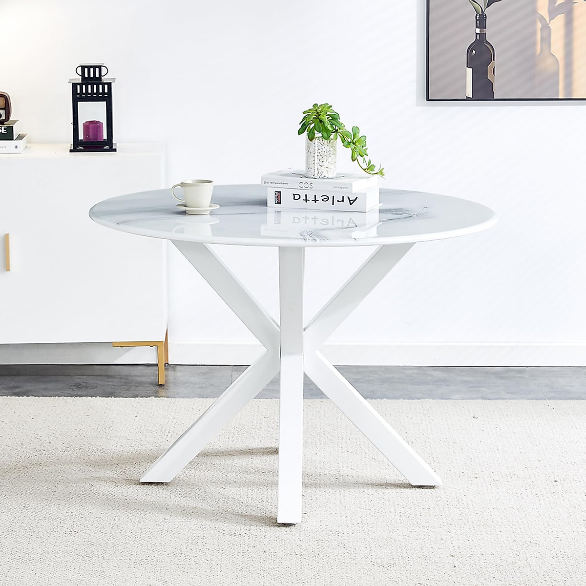 Modern Round Marble Dining Table 42.12" with MDF Table Top & Pedestal Base, Mid-Century White Kitchen Table Leisure Coffee Table Office Living Room Table