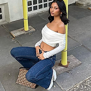 LuFeng Women's Sexy Off Shoulder Double Layer T-Shirt Long Sleeve Y2k Crop Tee Tops Streetwear White