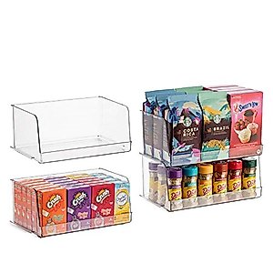 Set of 4 Clear Pantry Organizer Bins Stackable Household Plastic Food Storage Basket with Wide Open Front for Kitchen, Countertops, Cabinets, Refrigerator, Freezer, Bedrooms, Bathrooms - 12" Wide
