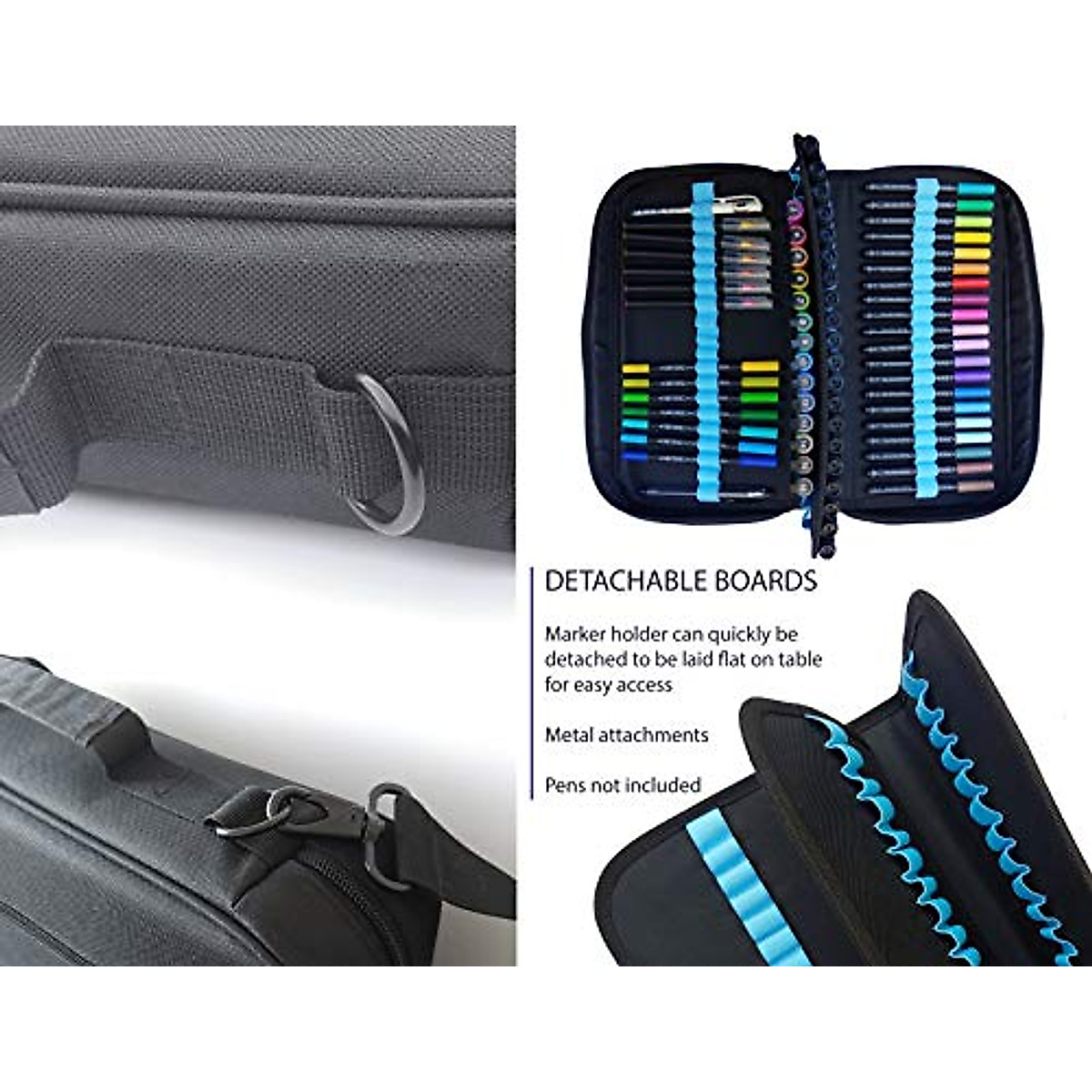 TOOLI-ART Marker & Pen Carrying Case -120 Slots, Canvas, Extra Pockets, Trolley Sleeve, Removable Shoulder Strap, For Most Markers (up to 15mm Diameter), Lipstick, Etc. Black
