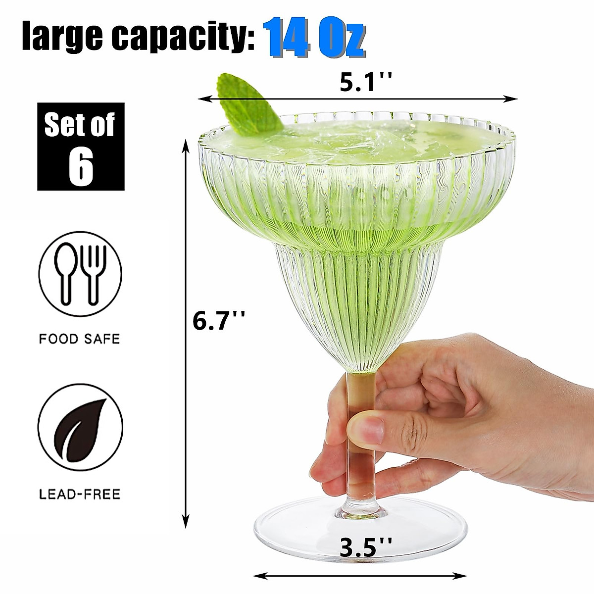 Cididu Set of 6 Stemmed Margarita Glasses Cups, 14 oz Clear Acrylic Party Drinking Glasses Goblet, Reusable Ribbed Tequila Spicy Margarita Glassware, Cocktail Martini Bar Accessories