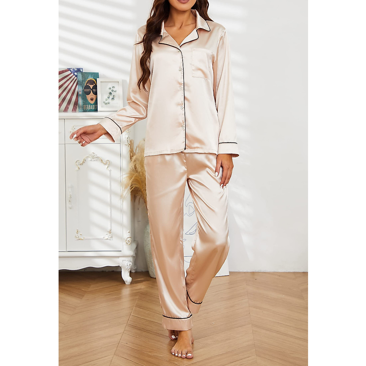 U2SKIIN Women Silk Pajamas Set, Long Sleeve Satin Pajamas for Women Sleepwear Button Down Pjs Set Two-piece(Champagne, L)