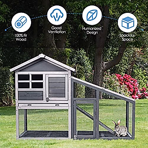 Tangkula Rabbit Hutch Indoor Outdoor, Wooden Chicken Coop, Bunny Hutch with Run, Ventilation Door, Removable Tray, Ramp, Sunlight Panel, Backyard Garden Animals Pet Cage (Gray)