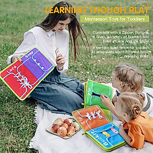 FAONIE Toddler Busy Board Toddler Early Learning Toys Basic Life Skills Learn to Dress Board Book - Zipper, Snap, Button, Buckle, Lace & Tie