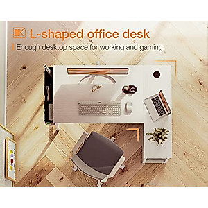 ODK Small L Shaped Computer Desk, 40 Inch Corner Desk with Reversible Storage Shelves & PC Stand for Home Office Workstation, Modern Simple Writing Study Table with Storage Bag for Small Space, White