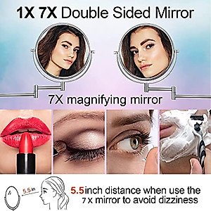 Lansi Wall Mounted Makeup Mirror, 7x/1x Double-Sided Magnifying Mirror, 360° Extendable Arm Wall Mirror, 8 inch Bathroom Mirror for Makeup or Shaving Chrome Finish