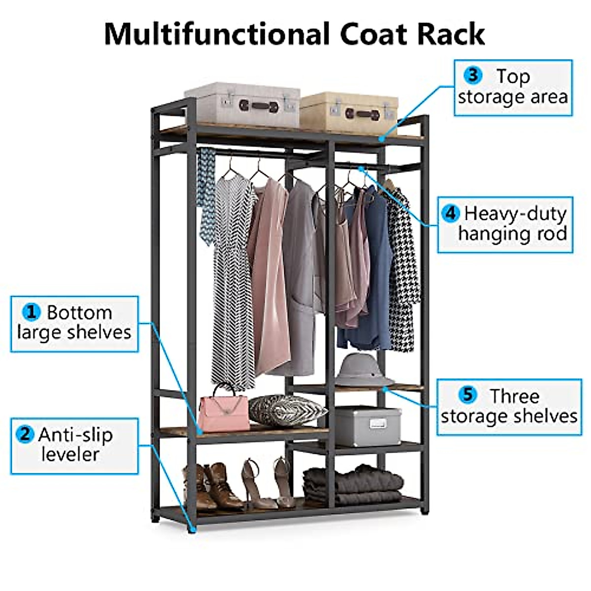 Tribesigns Free-Standing Closet Organizer, Large Double Rod Clothes Garment Rack with Shelves and Tie Rack, Heavy-duty Wardrobe Closet Storage Organizer Clothing Shelving for Bedroom (Rustic Brown)