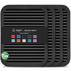 Joyhalo 4 Pack Trivets for Hot Dishes - Hot Pads for Kitchen 9'' x 12'', Silicone Trivets for Hot Pots and Pans, Hot Plates to Protect Table, Quartz Countertops Heat Resistance to 480°F, Black