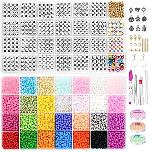 Paodey 4mm Seed Beads Uniform, 1000pcs Letter Beads, 28 Colors 6500pcs Size 6 Glass Seed Beads for Bracelets Making, Loom for Name Friendship Bracelets Jewelry Making Kit with Tools