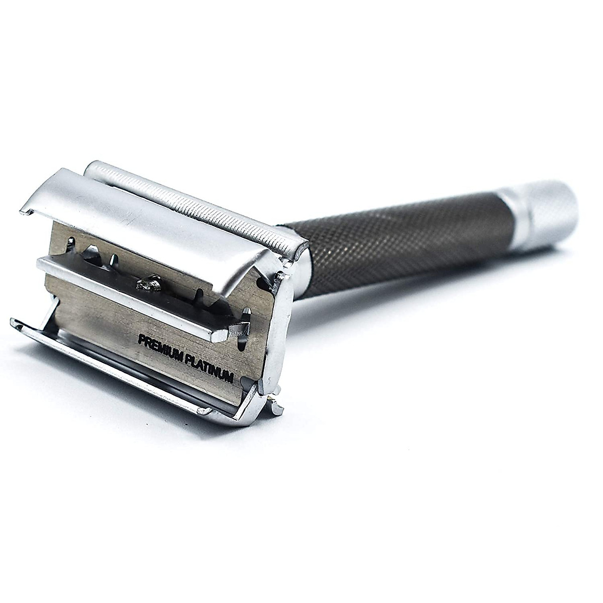 Parker 74R Graphite Gray - Long Handle Heavyweight Butterfly Open Double Edge Safety Razor for Men, 5 Parker Premium Platinum Double Edge Razor Blades included